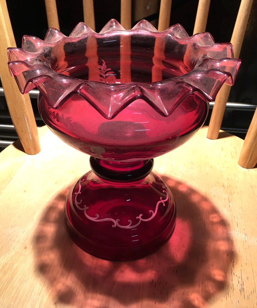 Vtg Mary Gregory Ruffle Edge Pedestal Cranberry Czech Bohemian Glass ...