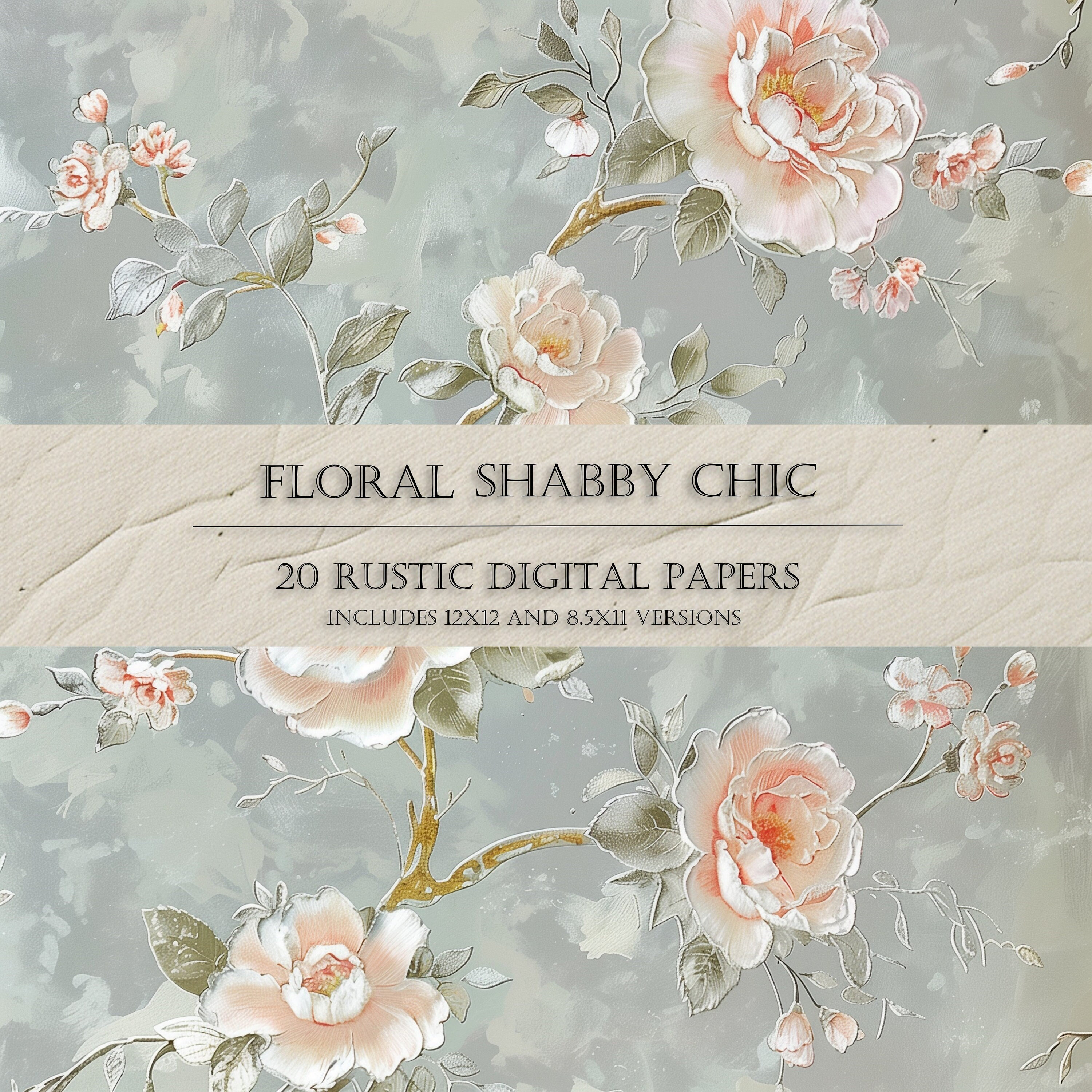 Shabby Chic Floral Digital Papers, Rustic Cottagecore Flower ...