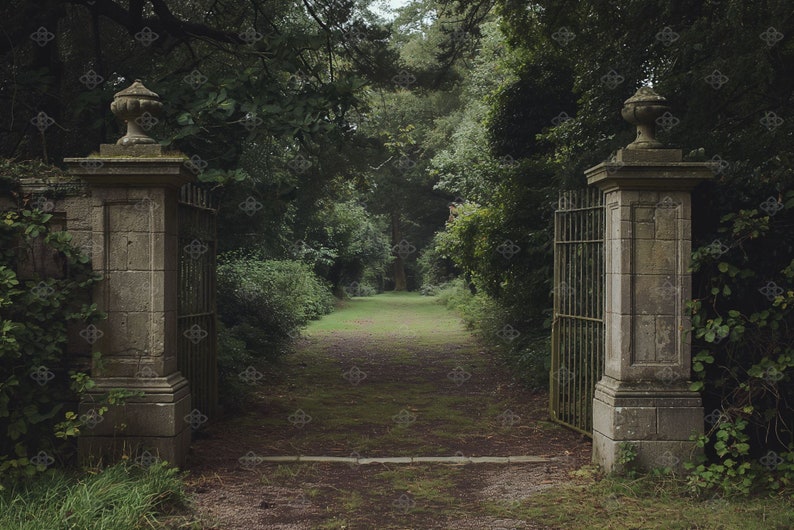 Simple Digital Garden Gate Backdrop, Mossy Spring Forest, Single ...