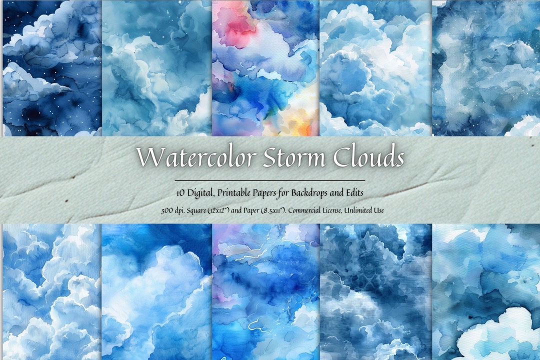 Watercolor Clouds Digital Paper Bundle, Spring Background, JPG, Digital ...