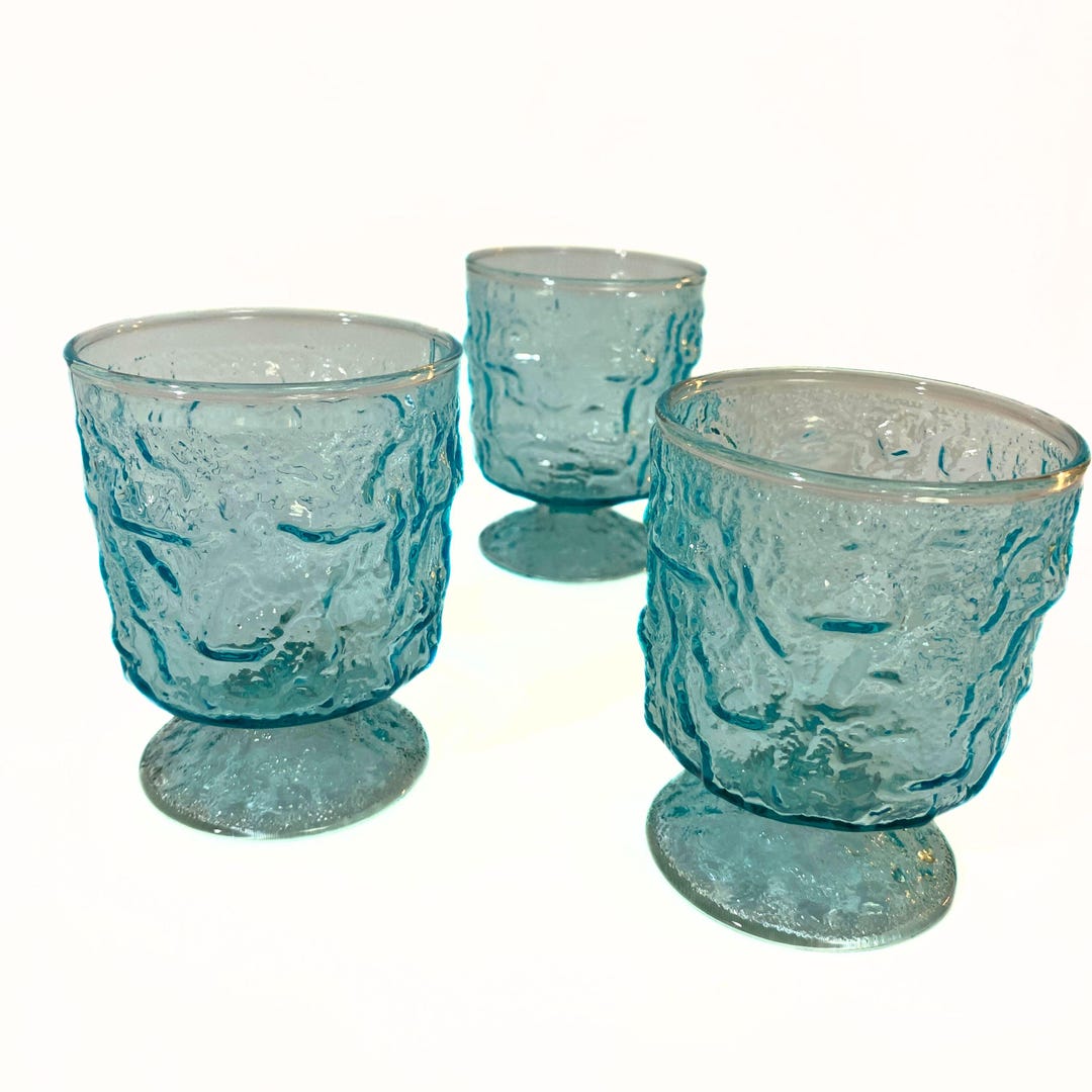 Midcentury Aqua Blue Crinkle Textured Glass Pedestal Stemware (set of 3 ...