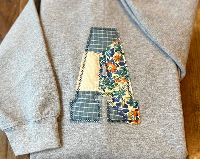 Monogram Sweatshirt, Vintage Quilt Sweatshirt, Patchwork Sweatshirt, Varsity Monogram, One of a ...