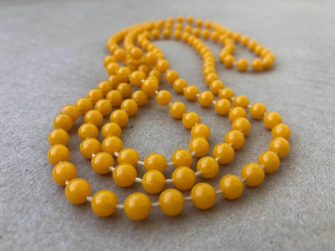 Vintage 1960s Mod Long Yellow Bead Necklace, Single Strand Round ...