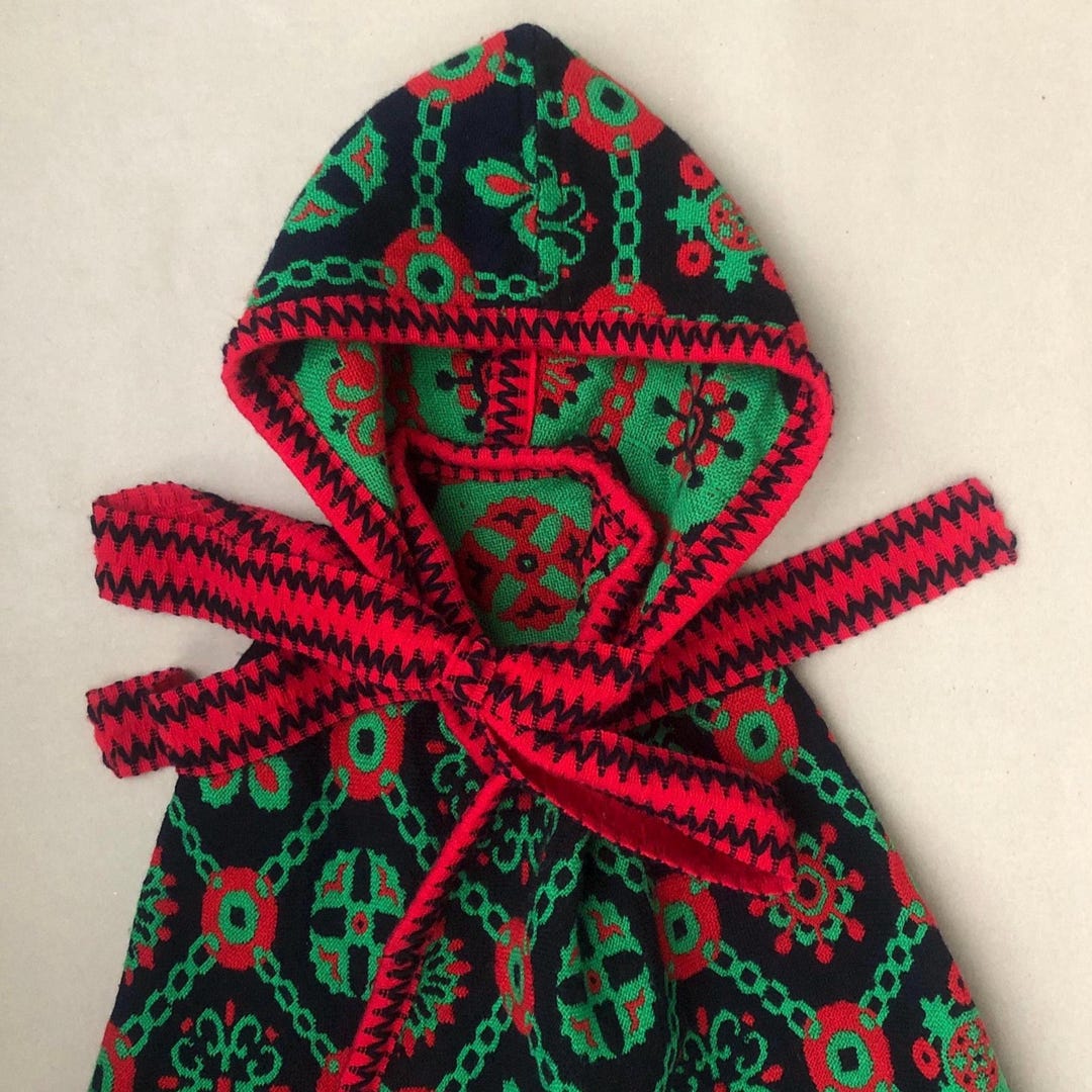1960's Reversible Hooded Cloak With Geometric and Floral Pattern, Black ...