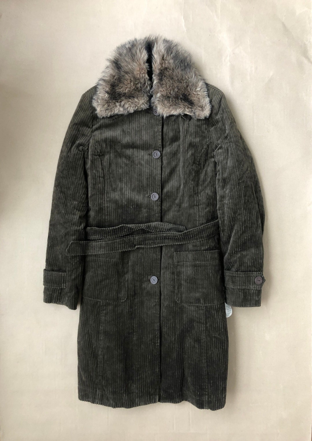 90s Deadstock Dark Green Corduroy Jacket Size L Faux Fur Collar Vintage ...