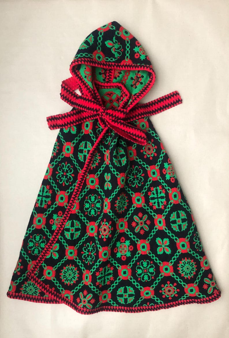 1960's Reversible Hooded Cloak With Geometric and Floral Pattern, Black ...