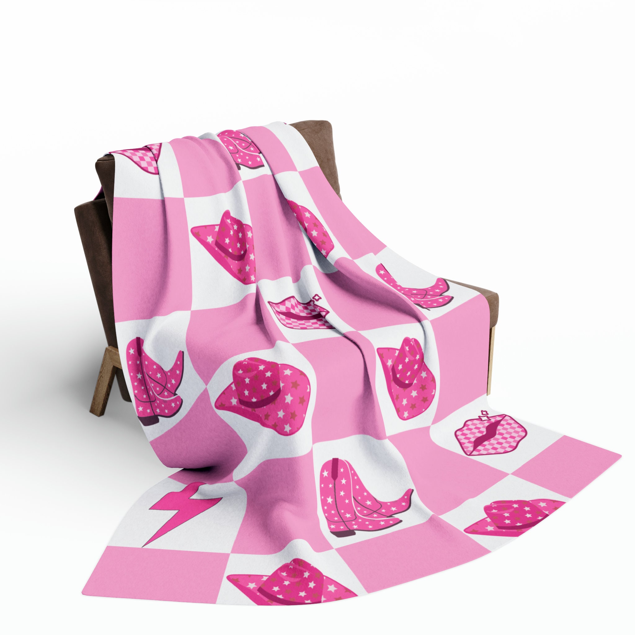 Western Cowgirl Star Boot Hat Retro Pink Lips Checkered Fleece Throw ...