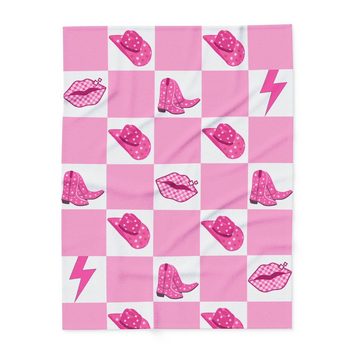 Western Cowgirl Star Boot Hat Retro Pink Lips Checkered Fleece Throw ...