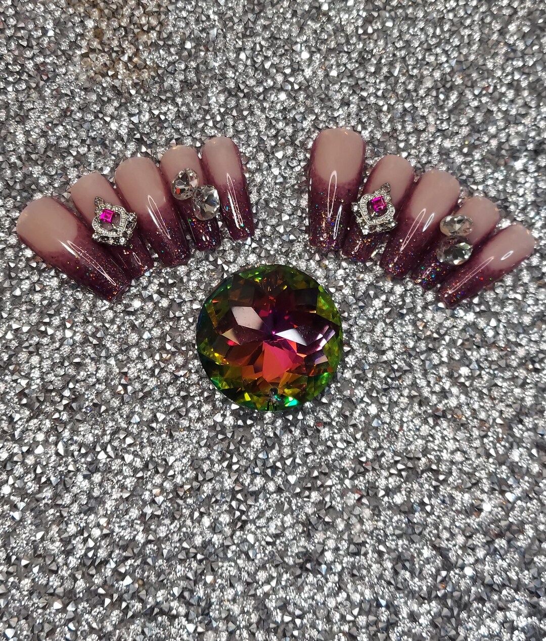 Luxury Full Set Press-on Nails With Rhinestones and Bling Frenchtip ...