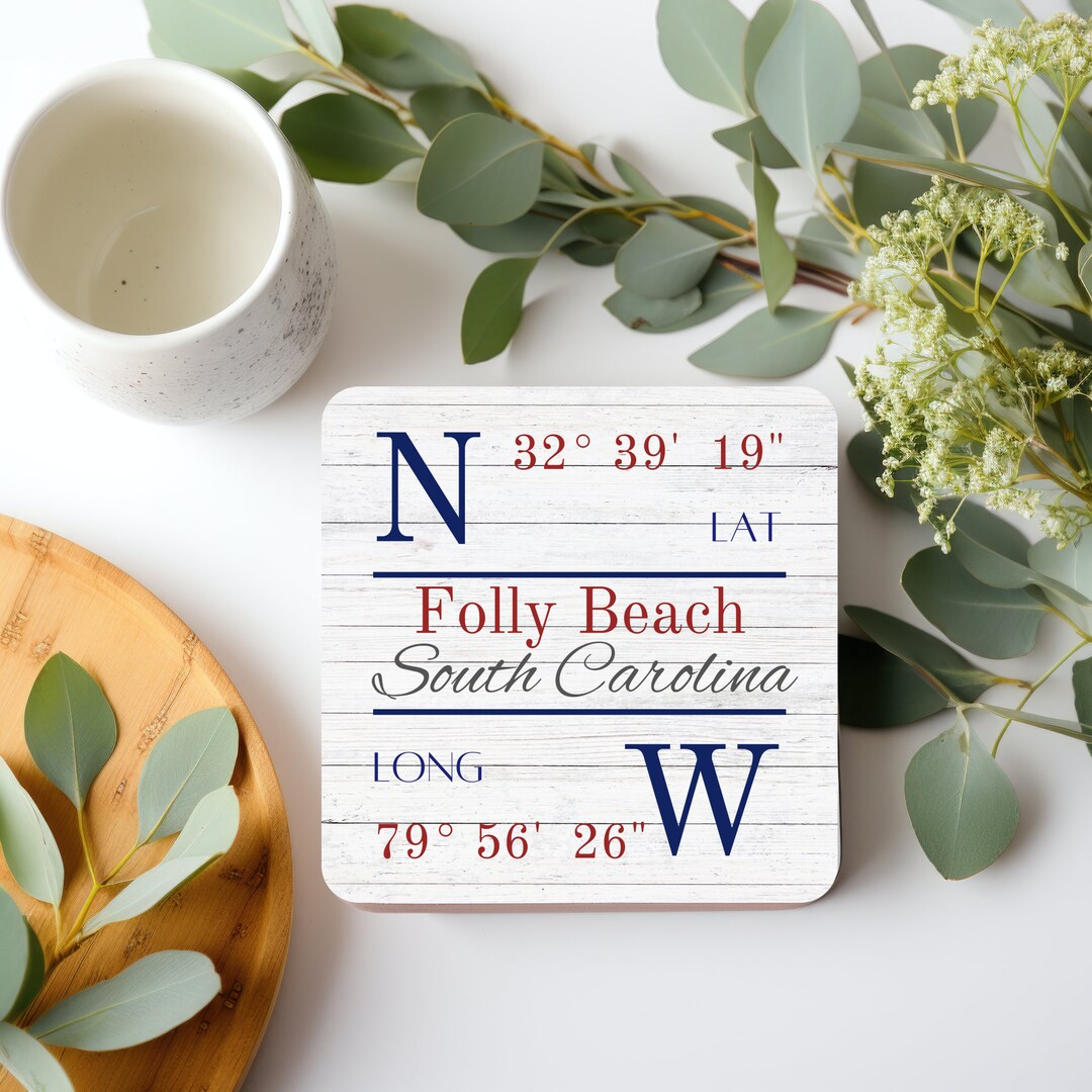 Folly Beach South Carolina, City Coordinates Corkwood Coaster Set ...