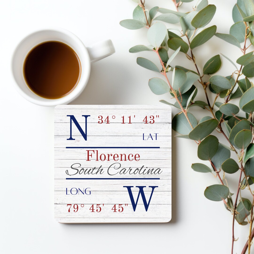 Florence South Carolina, City Coordinates Corkwood Coaster Set, Rustic ...