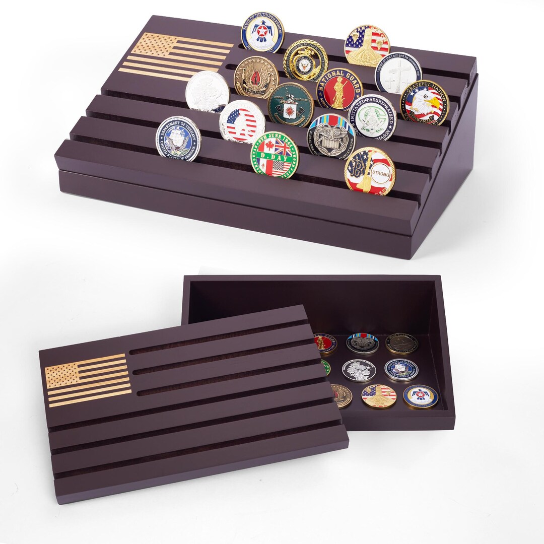Wooden Challenge Coin Display, Challenge Coin Holder With Storage Brown ...