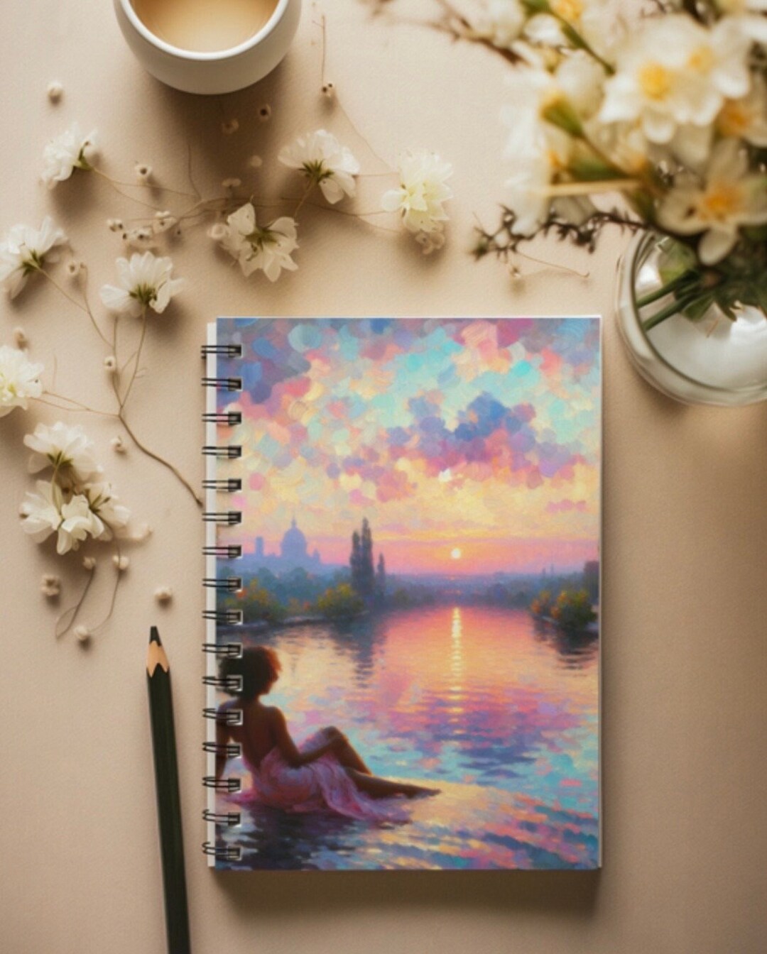 Pink Blue Sunset Spiral Notebook, Afro Impressionist Art Ruled Line ...