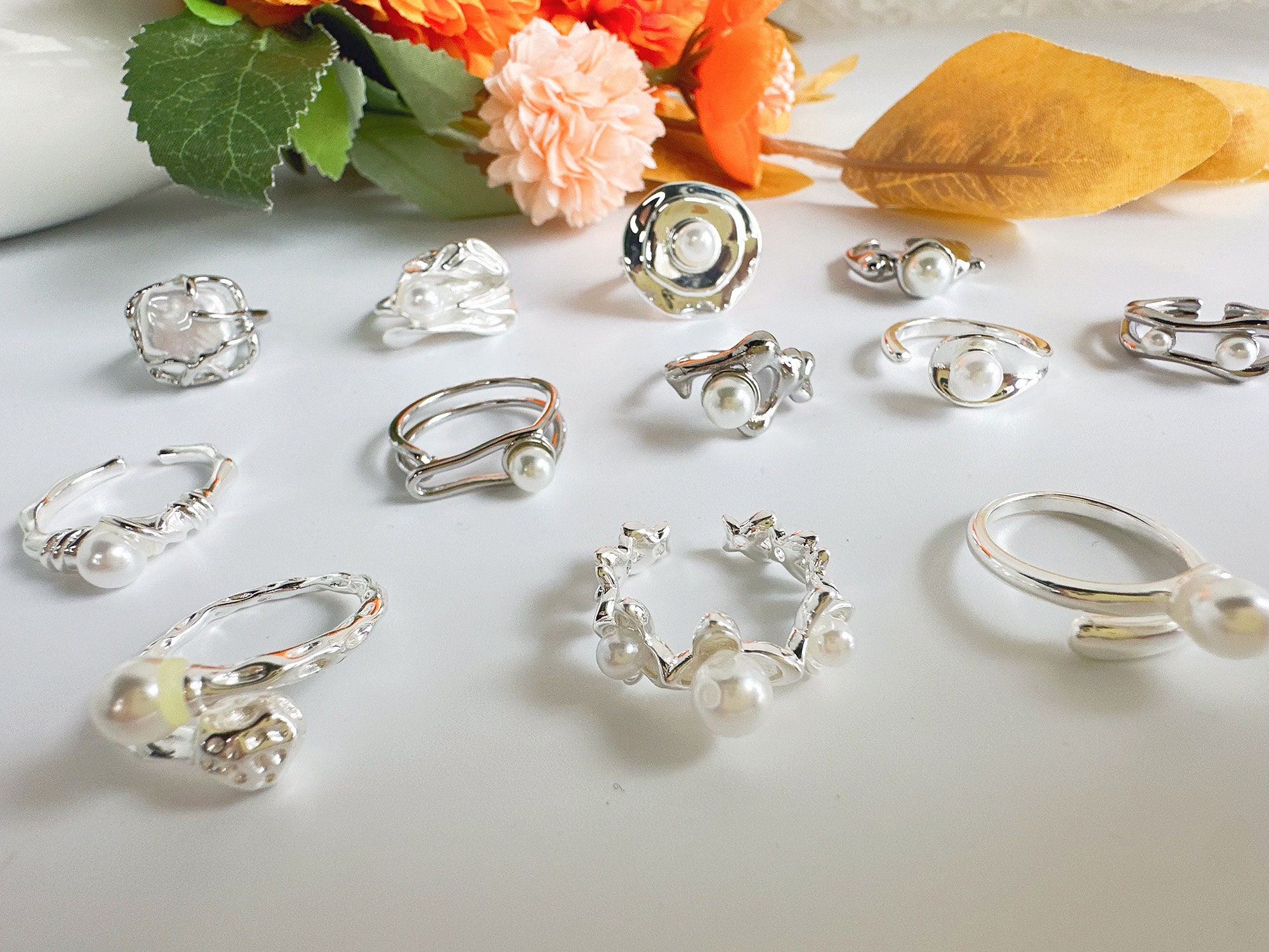 Pearls Y2K Rings, Unique Silver Y2K Rings, Chunky Y2K Ring, 2000S Girls Adjustable Ring ...