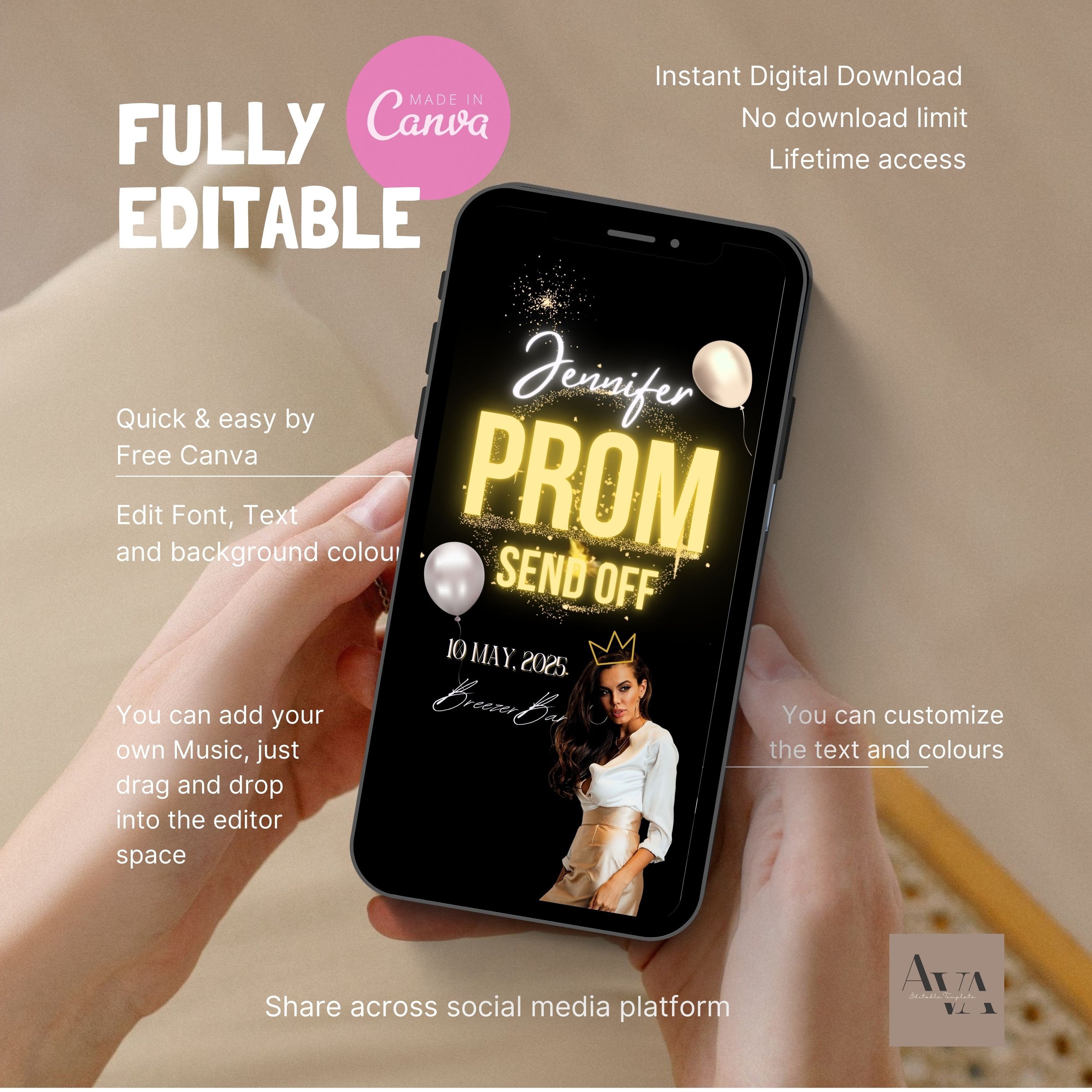 Animated Black Gold Prom Send off Video Invitation, Text Invitation ...