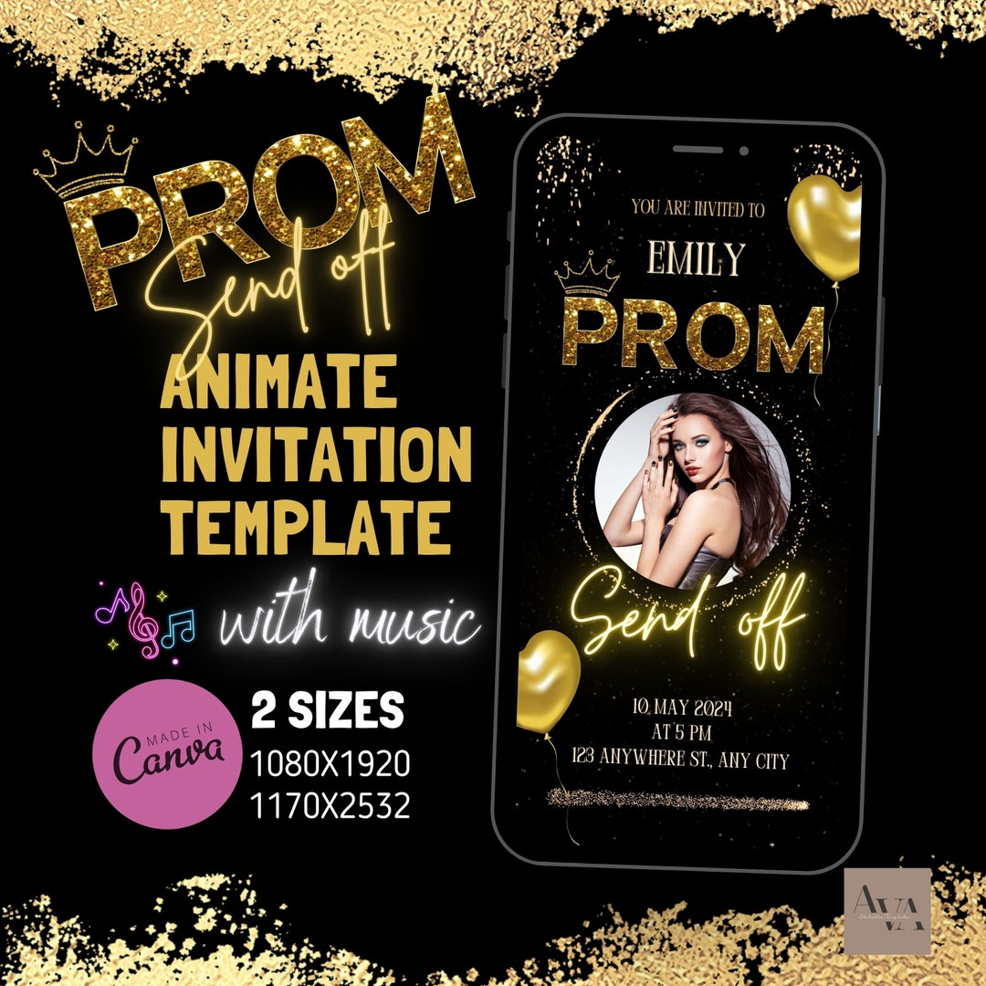 Animated Prom Send off Video Invitation, Black Gold Prom Send off Text ...