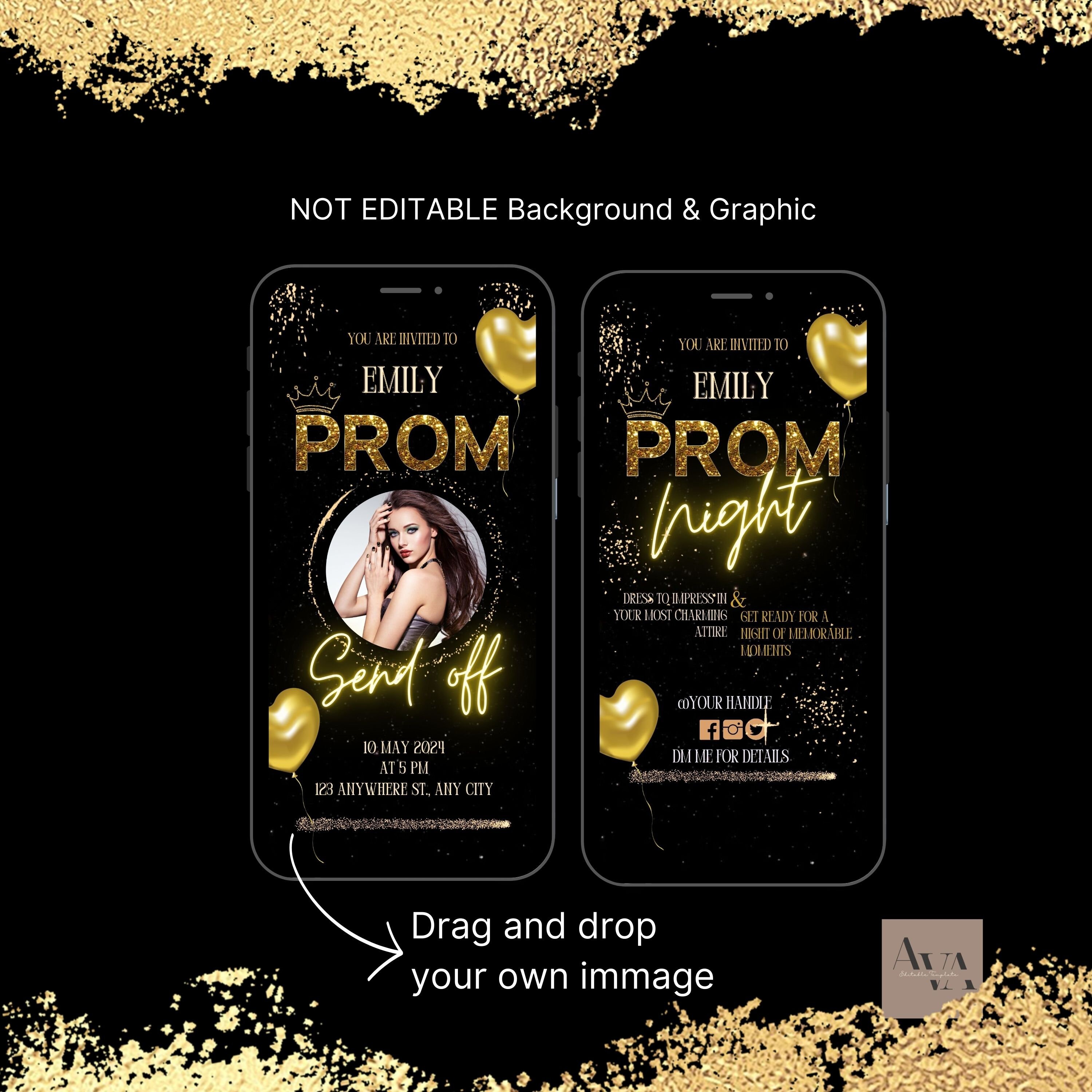 Animated Prom Send off Video Invitation, Black Gold Prom Send off Text ...