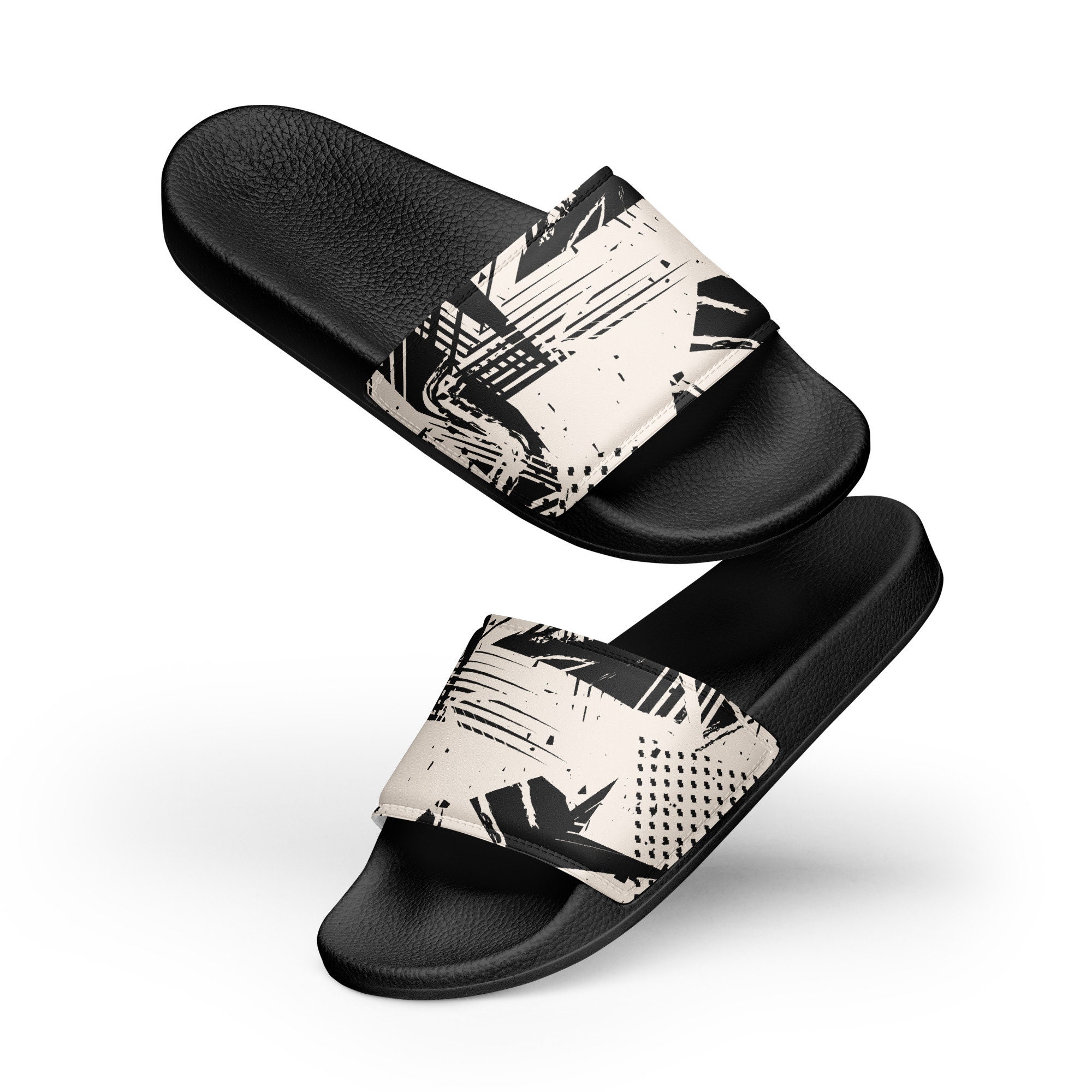 Men's Abstract Black Ink Print Slides: Cushioned Faux Leather Slip-ons ...