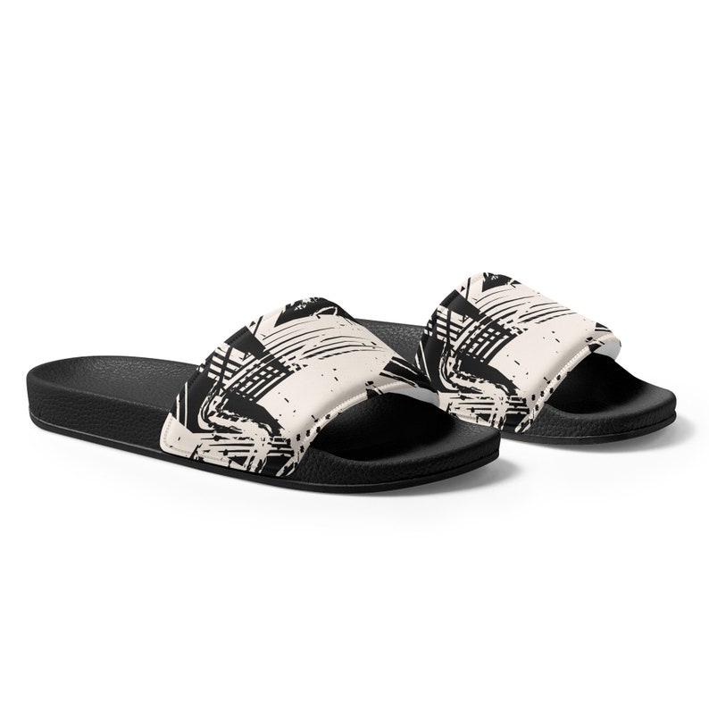 Men's Abstract Black Ink Print Slides: Cushioned Faux Leather Slip-ons ...