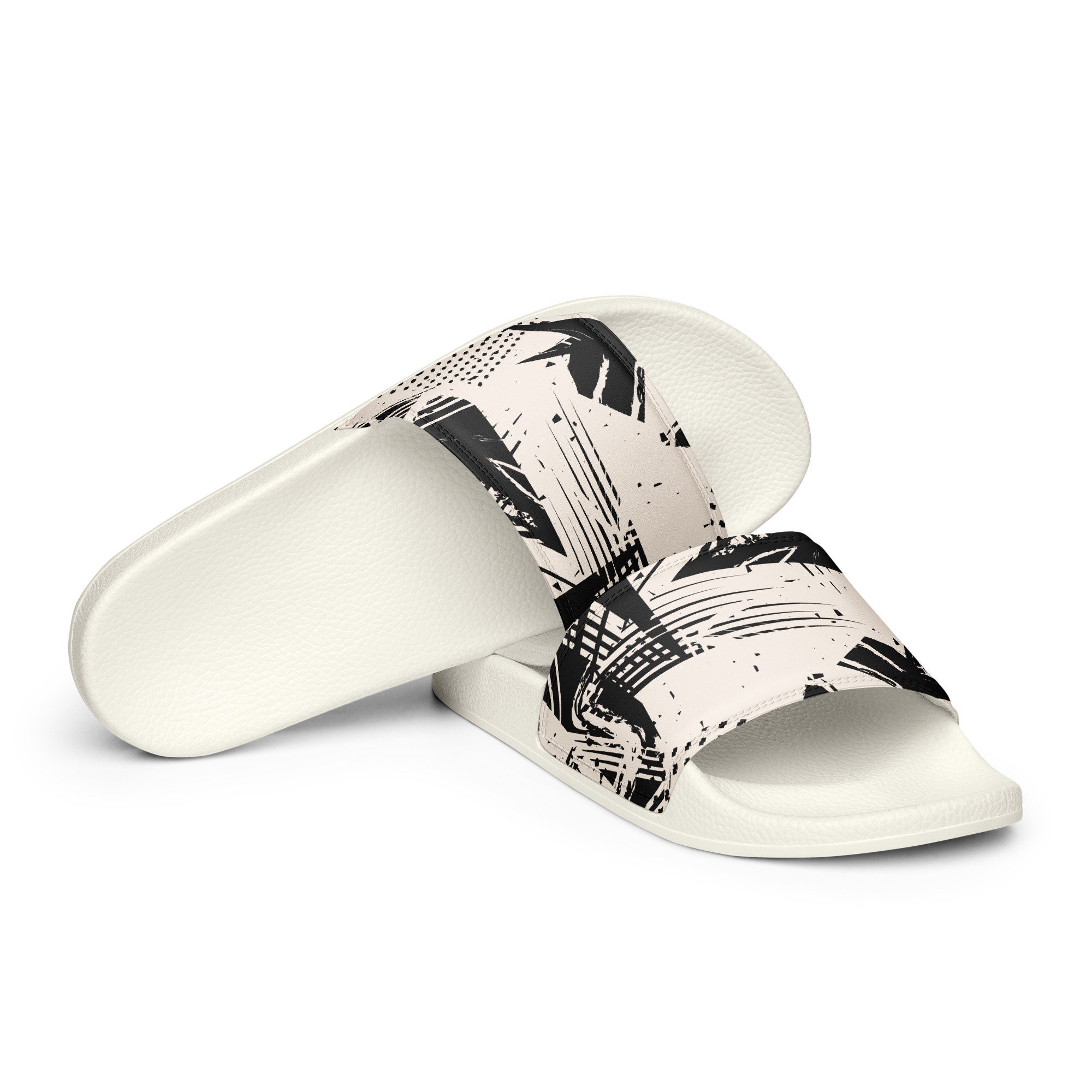 Men's Abstract Black Ink Print Slides: Cushioned Faux Leather Slip-ons ...