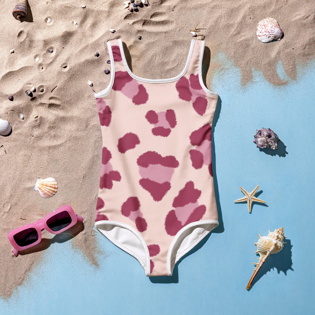 Pink Leopard Print Kids Swimsuit Cute Pink Animal Print One Piece ...