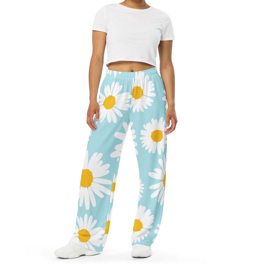 Daisy Print Unisex Wide-leg Pants - Pretty Flower Print Wide Leg Pants ...