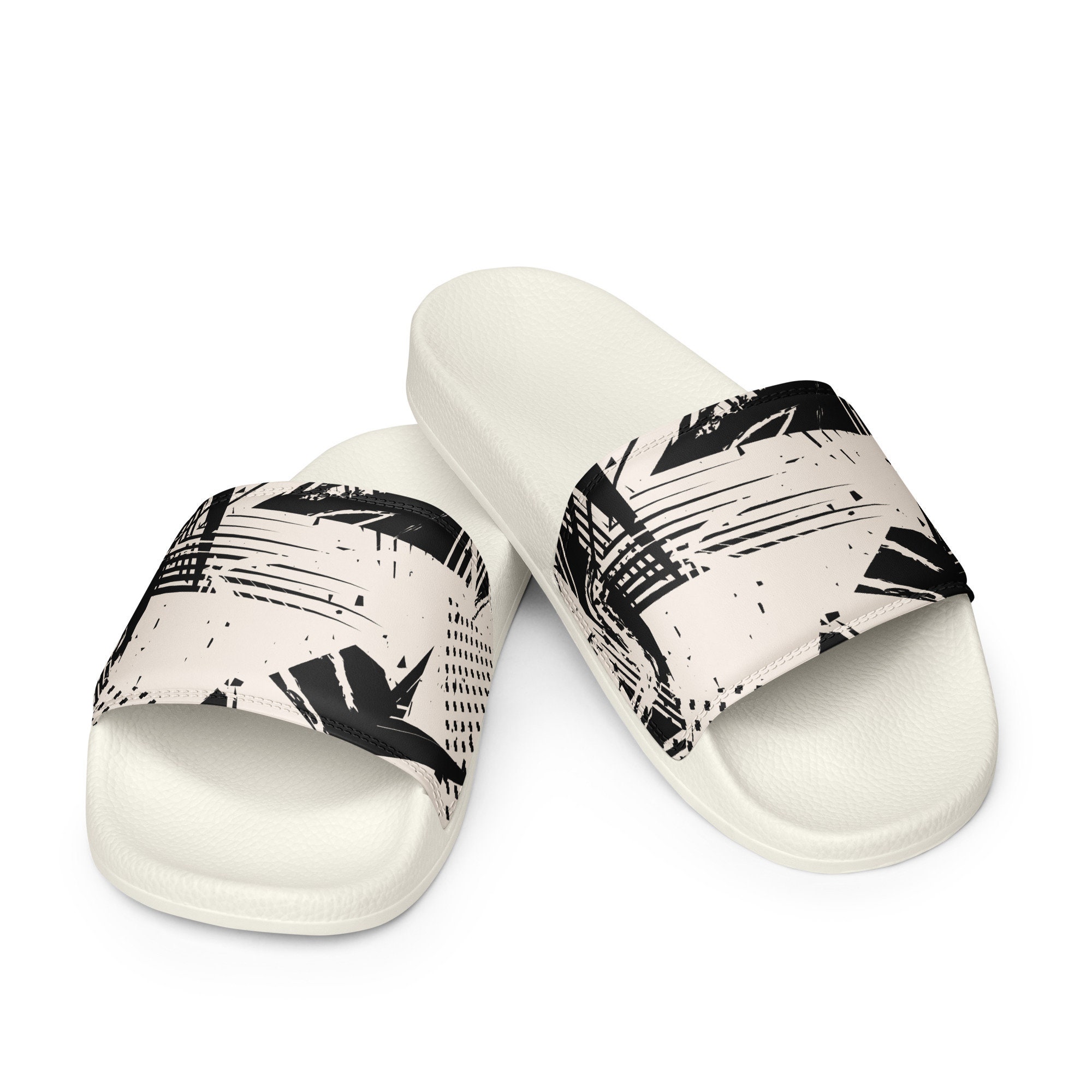 Men's Abstract Black Ink Print Slides: Cushioned Faux Leather Slip-ons ...