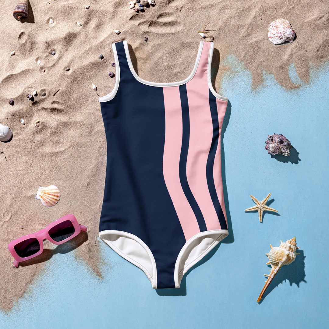 Navy Blue With Pink Stripes Girls Abstract Swimsuit Cute One Piece ...