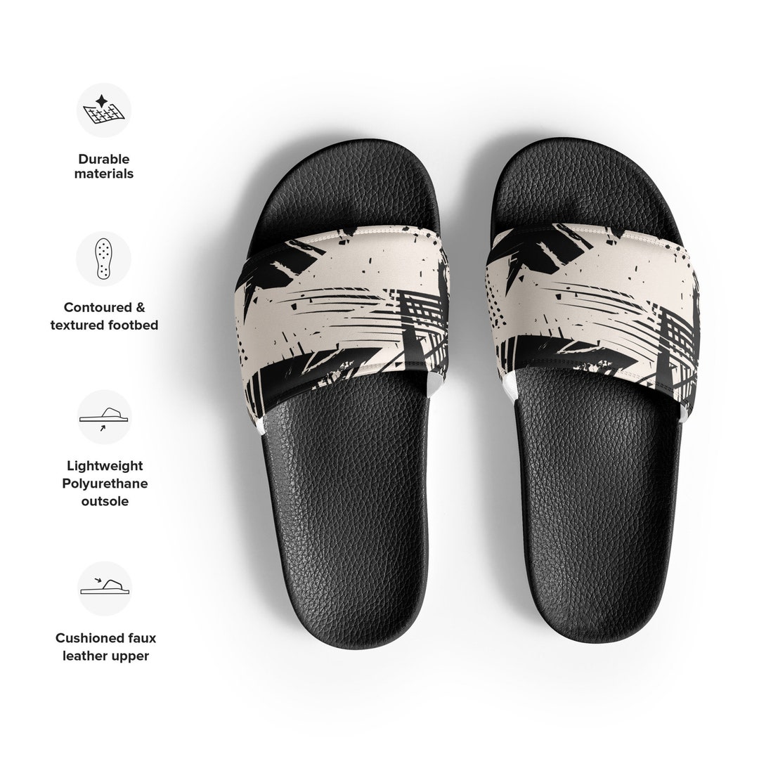 Men's Abstract Black Ink Print Slides: Cushioned Faux Leather Slip-ons ...