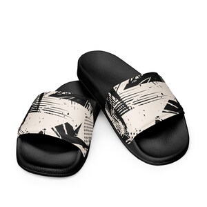 Men's Abstract Black Ink Print Slides: Cushioned Faux Leather Slip-ons ...