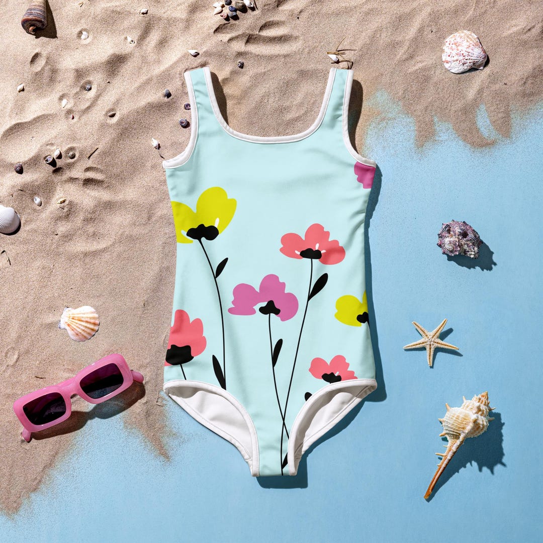 Flower Print Swimsuit for Kids - Pretty Multicolor One Piece Bathing ...