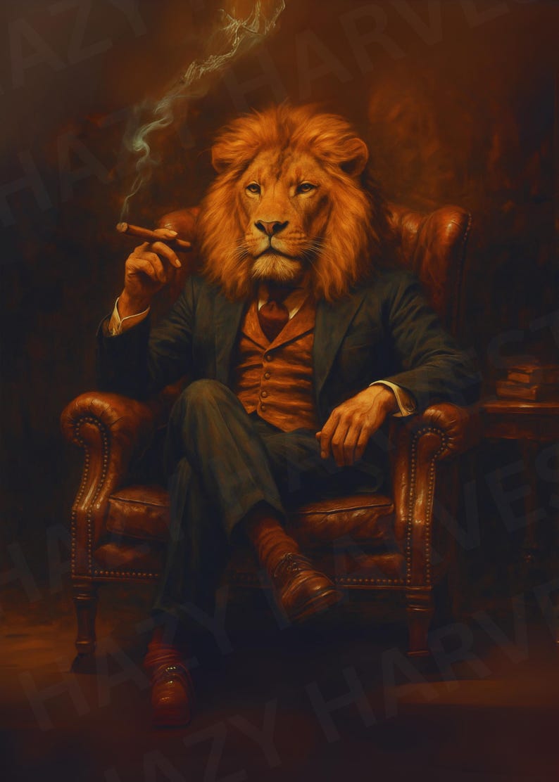 The Boss | Cigar Smoking Lion | Digital File | Lion Portrait Painting ...