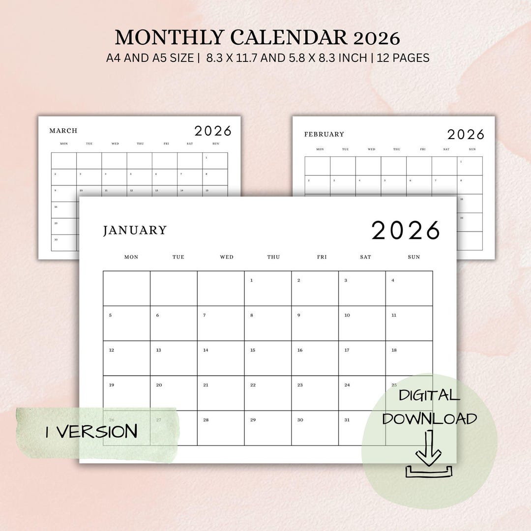 2026 Monthly Calendar | Digital Download | Blank | A4 and A5 Sizes ...