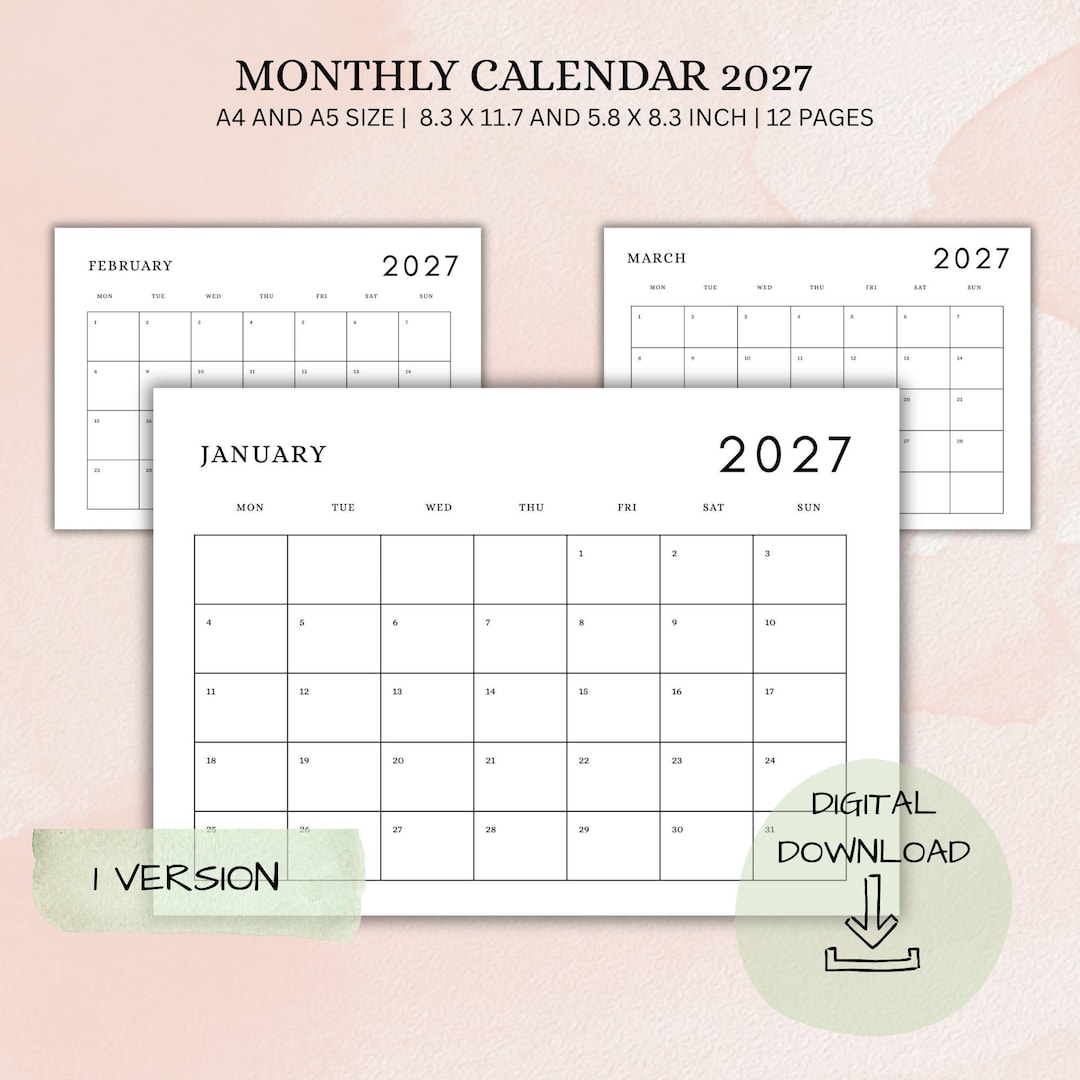 2027 Monthly Calendar | Digital Download | Blank | A4 and A5 Sizes ...