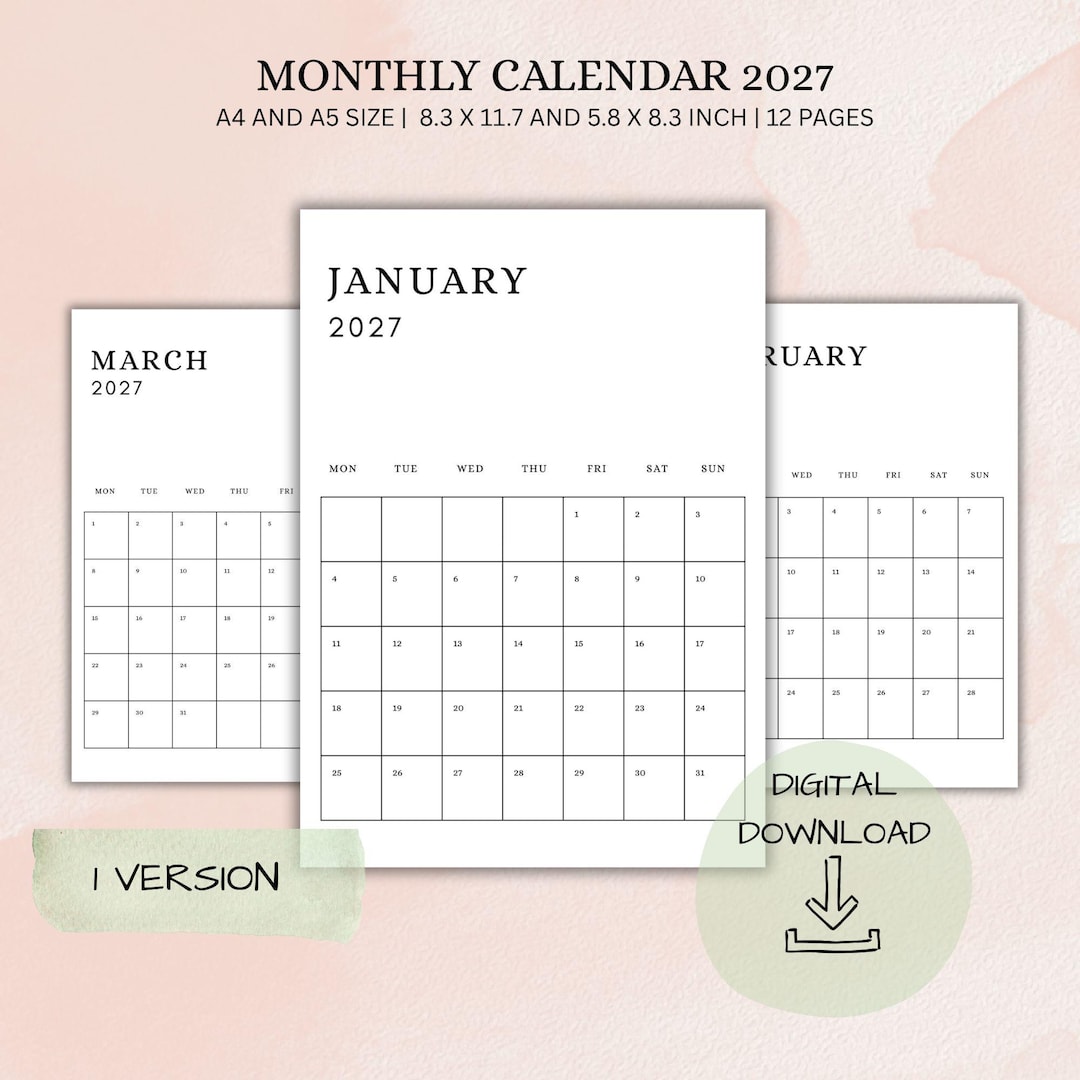 2027 Monthly Calendar | Digital Download | Blank | A4 and A5 Sizes ...