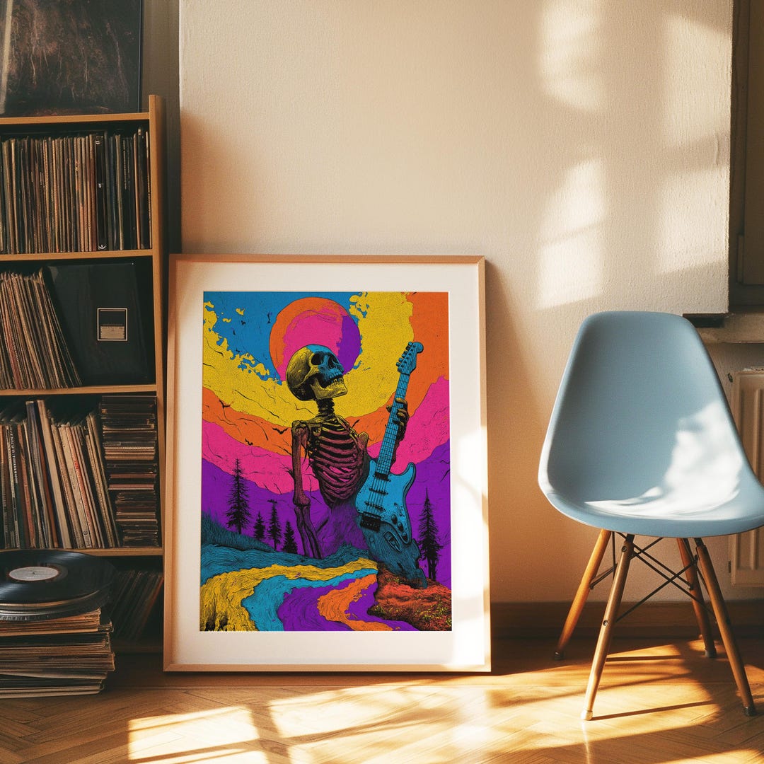 Psychedelic Rock Art Print, Vibrant Skeleton Guitarist Artwork, Retro ...