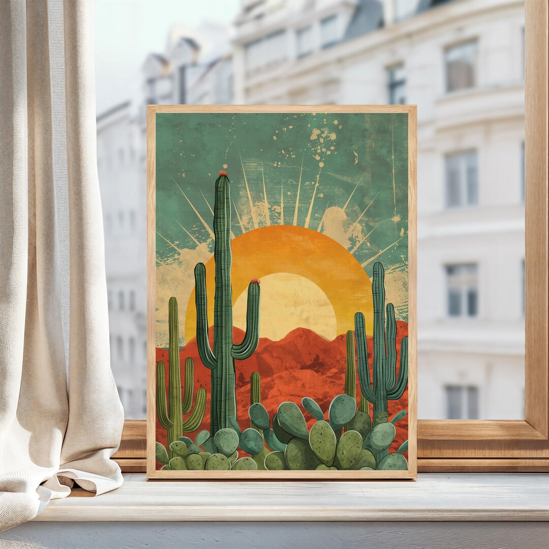 Boho Desert Sun Cactus Poster Bold Orange Minimalist Landscape Print ...