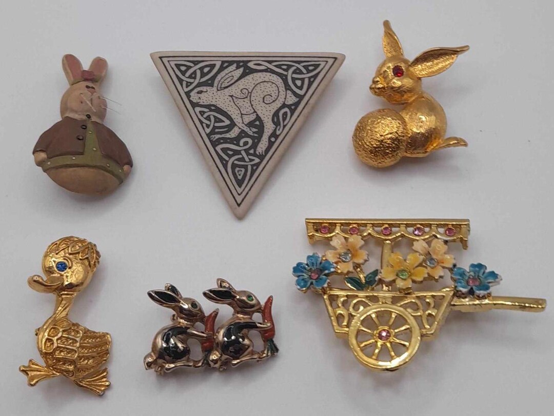 Spring and Easter Brooch Lot, Easter Brooches, Bunnies, A Chick and an ...