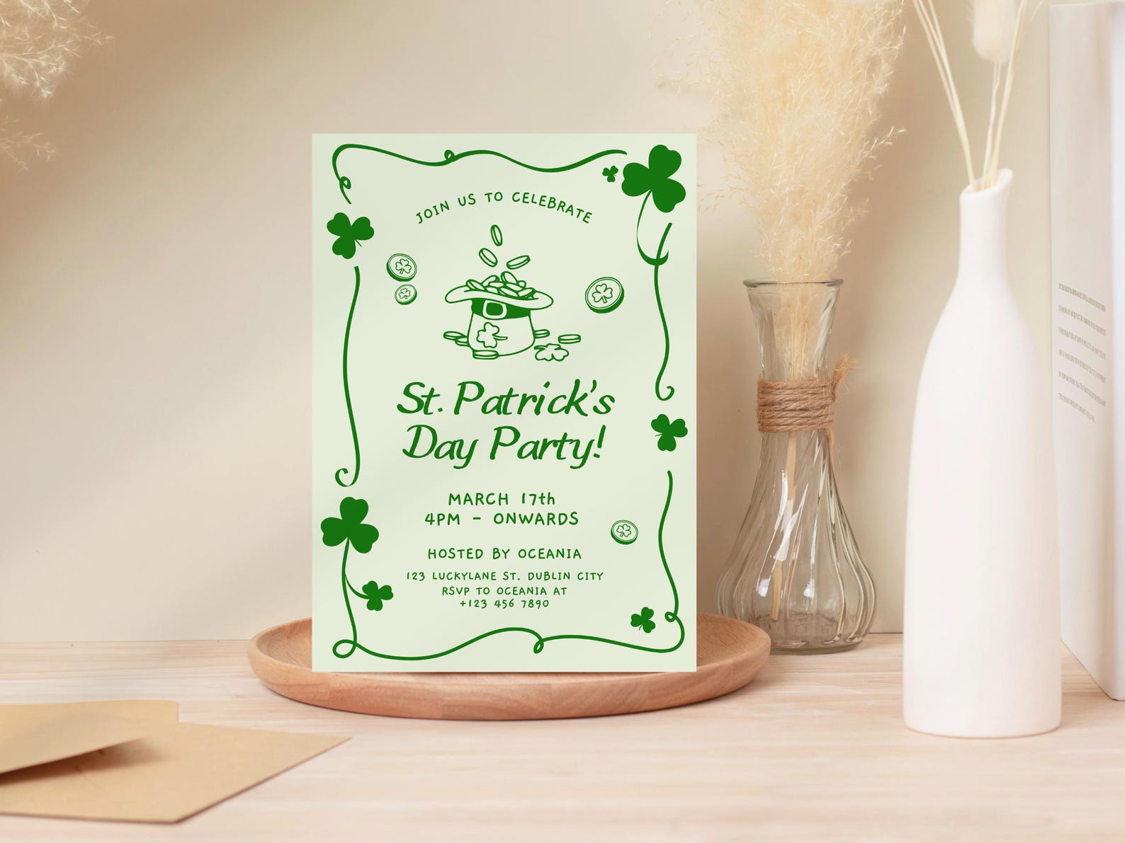 St Patrick's Day Party Invite With St Patrick Lucky Shamrock in Green ...