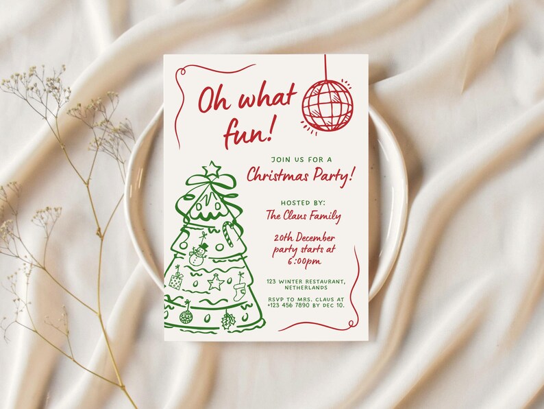 Hand Drawn Christmas Party Invitation Template Holiday Dinner Party ...