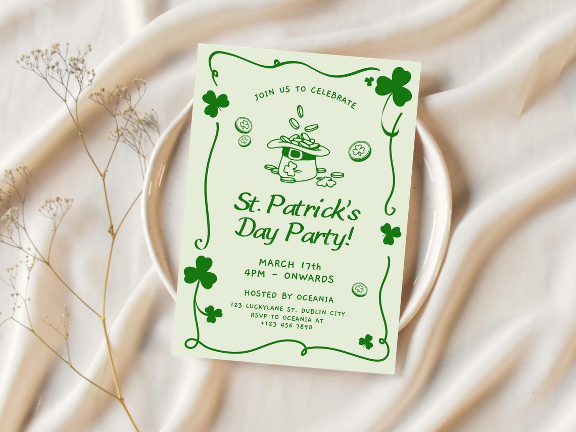 St Patrick's Day Party Invite With St Patrick Lucky Shamrock in Green ...