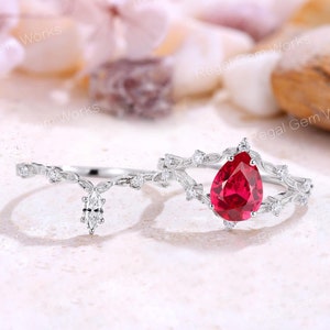 2PCS Pear Ruby Flower Engagement Ring Set 14k White Gold Diamond Stackable Wedding Band Nature ...
