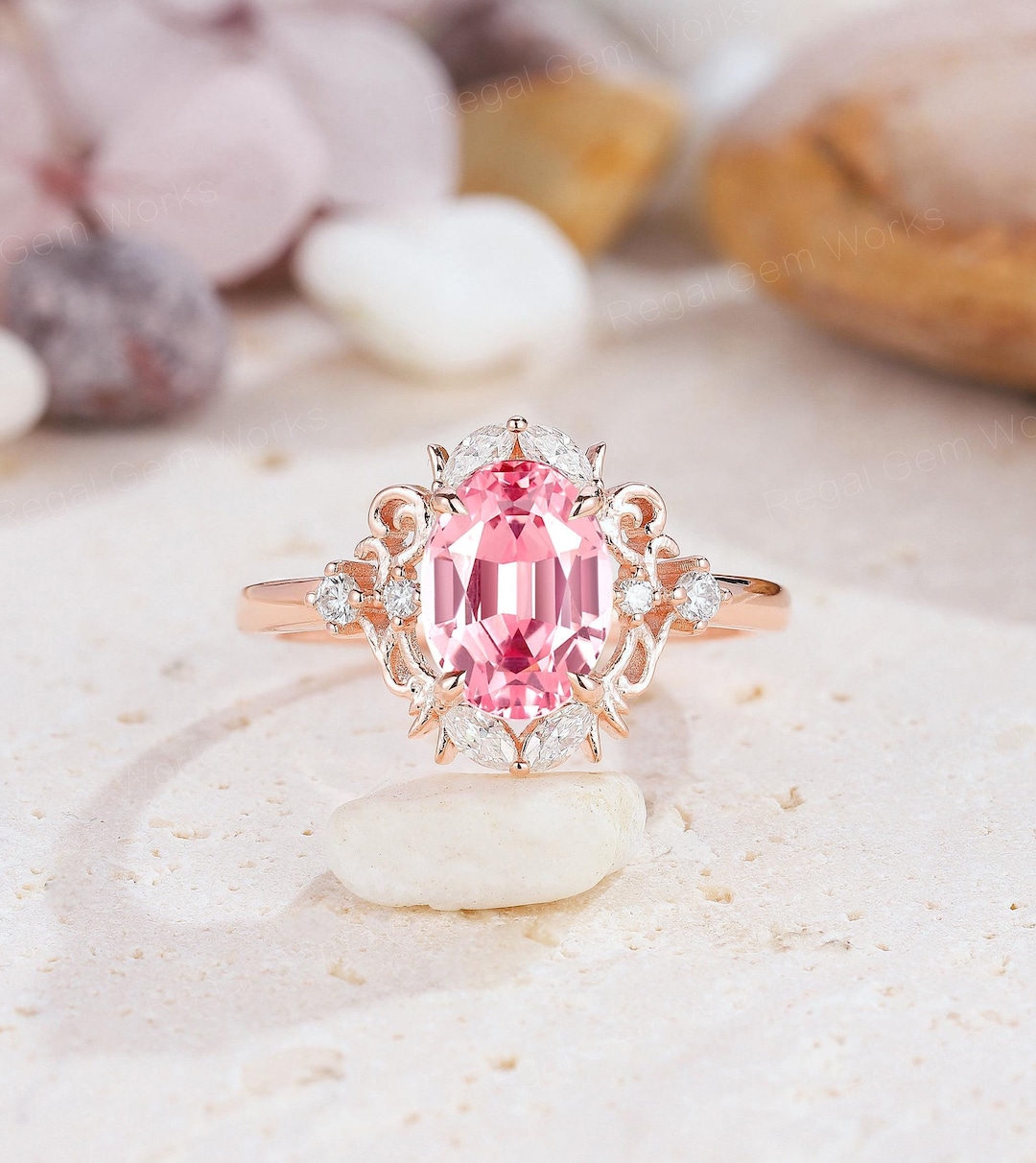 Oval Cut Pink Sapphire Floral Engagement Ring Rose Gold Diamond Vine ...