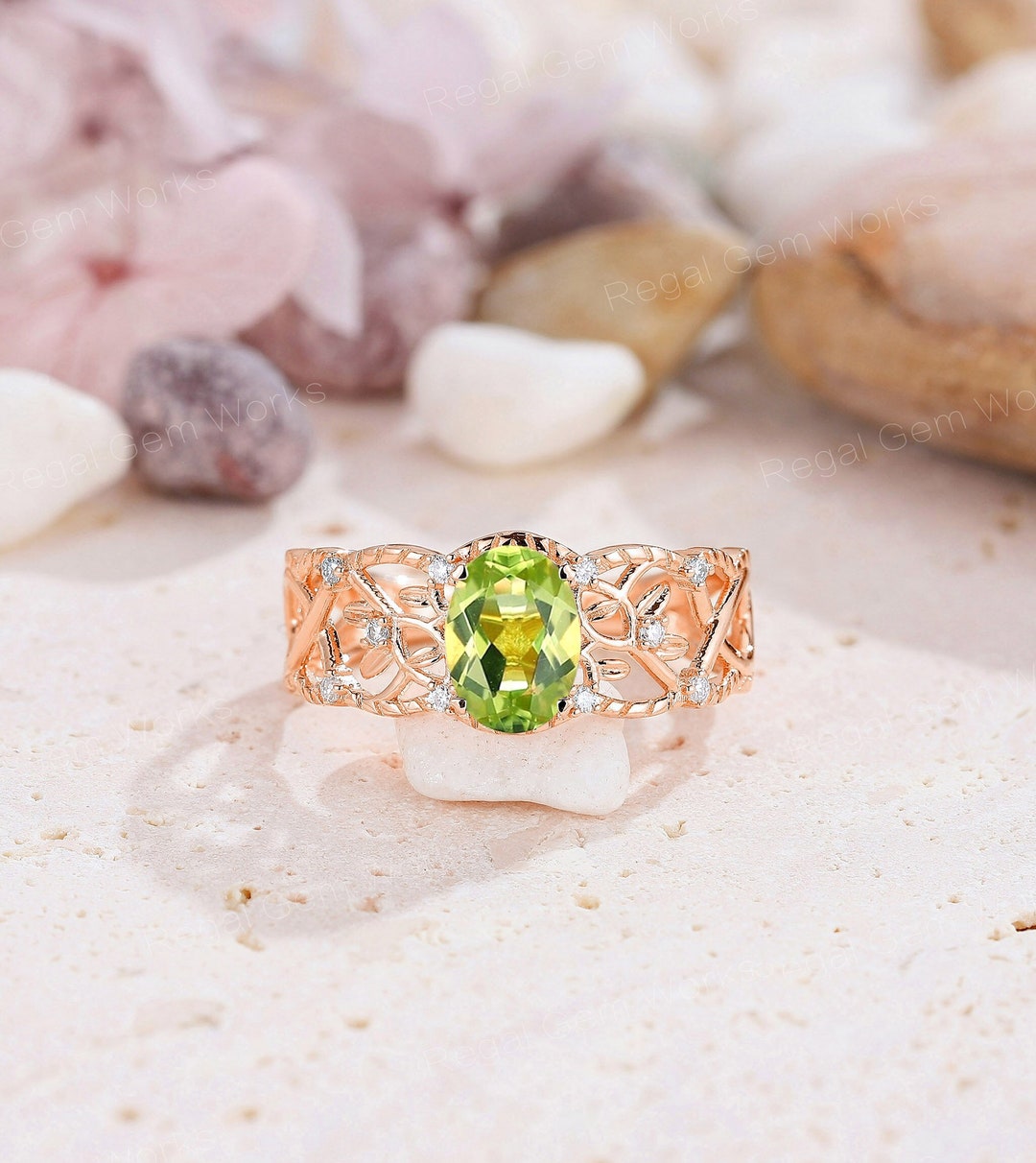 Openwork Green Peridot Engagement Ring 14k Rose Gold Moissanite Cluster ...