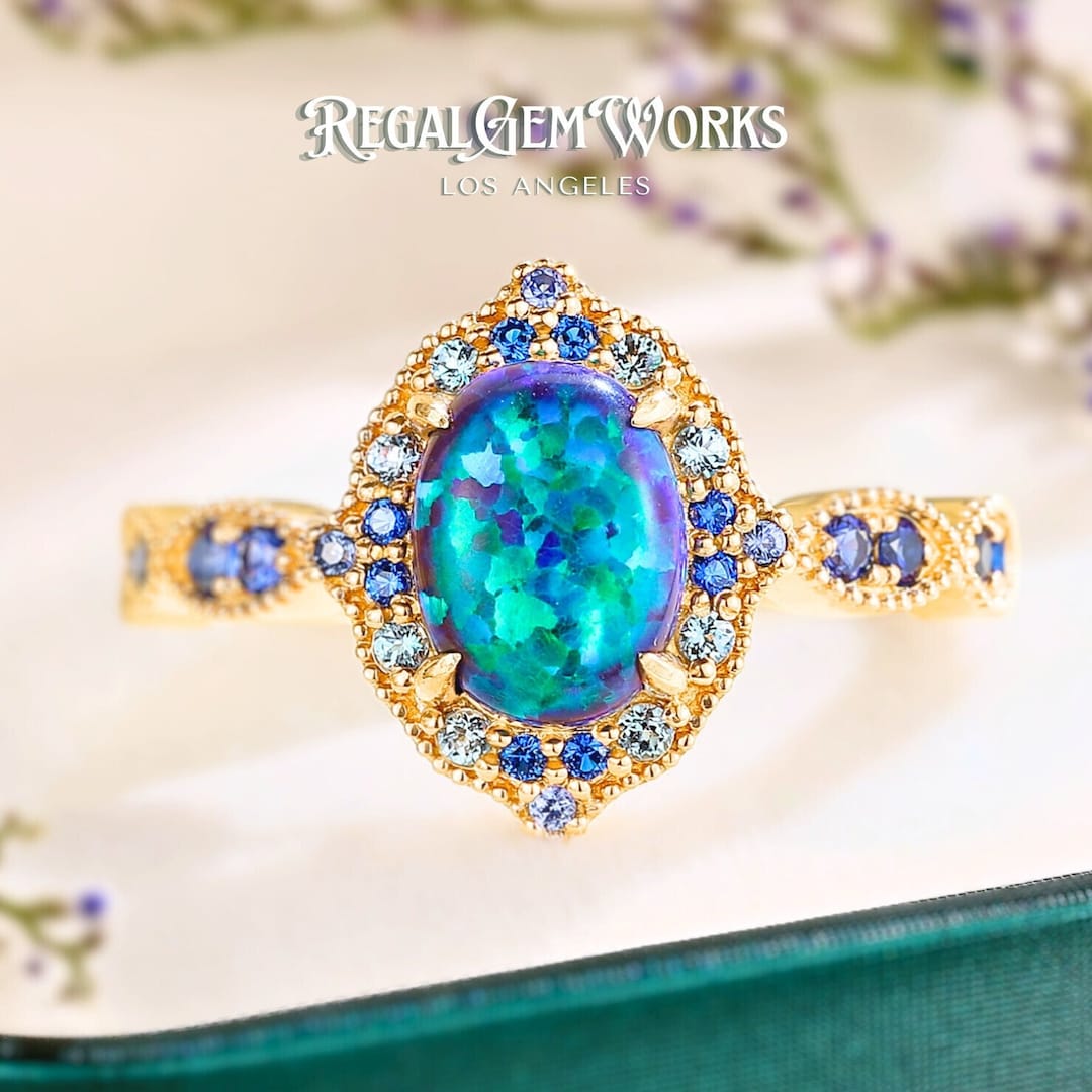Vintage Oval Shaped Black Opal Wedding Ring Sapphire Lace Design Art ...