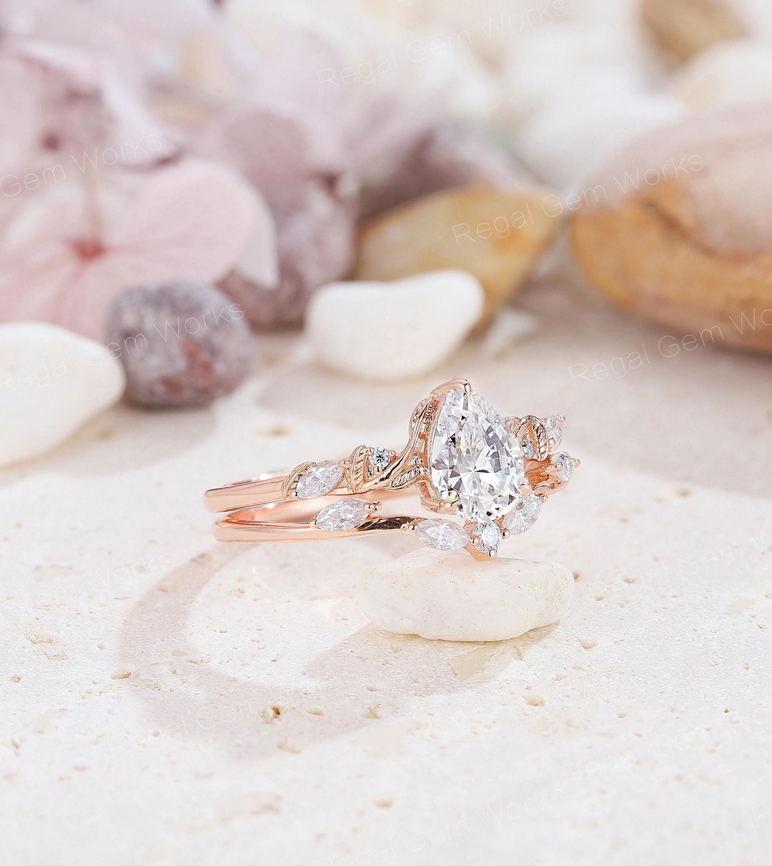 Vintage Pear Moissanite Leaf Engagement Ring Set 14k Rose Gold Twig ...