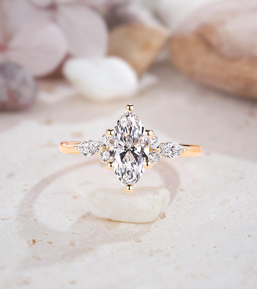 Vintage Marquise Diamond Engagement Ring Dainty 14k Gold Diamond ...