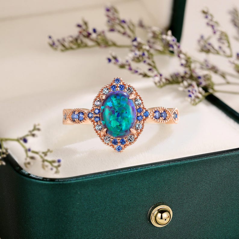 Vintage Oval Shaped Black Opal Wedding Ring Sapphire Lace Design Art ...