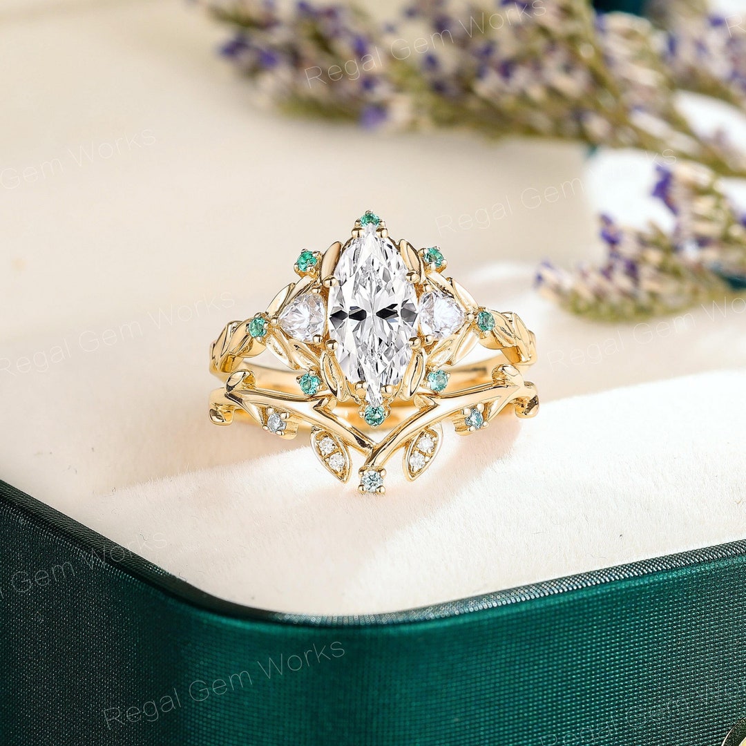 Marquise Cut Moissanite Flower Engagement Ring Set Vintage Marquise ...