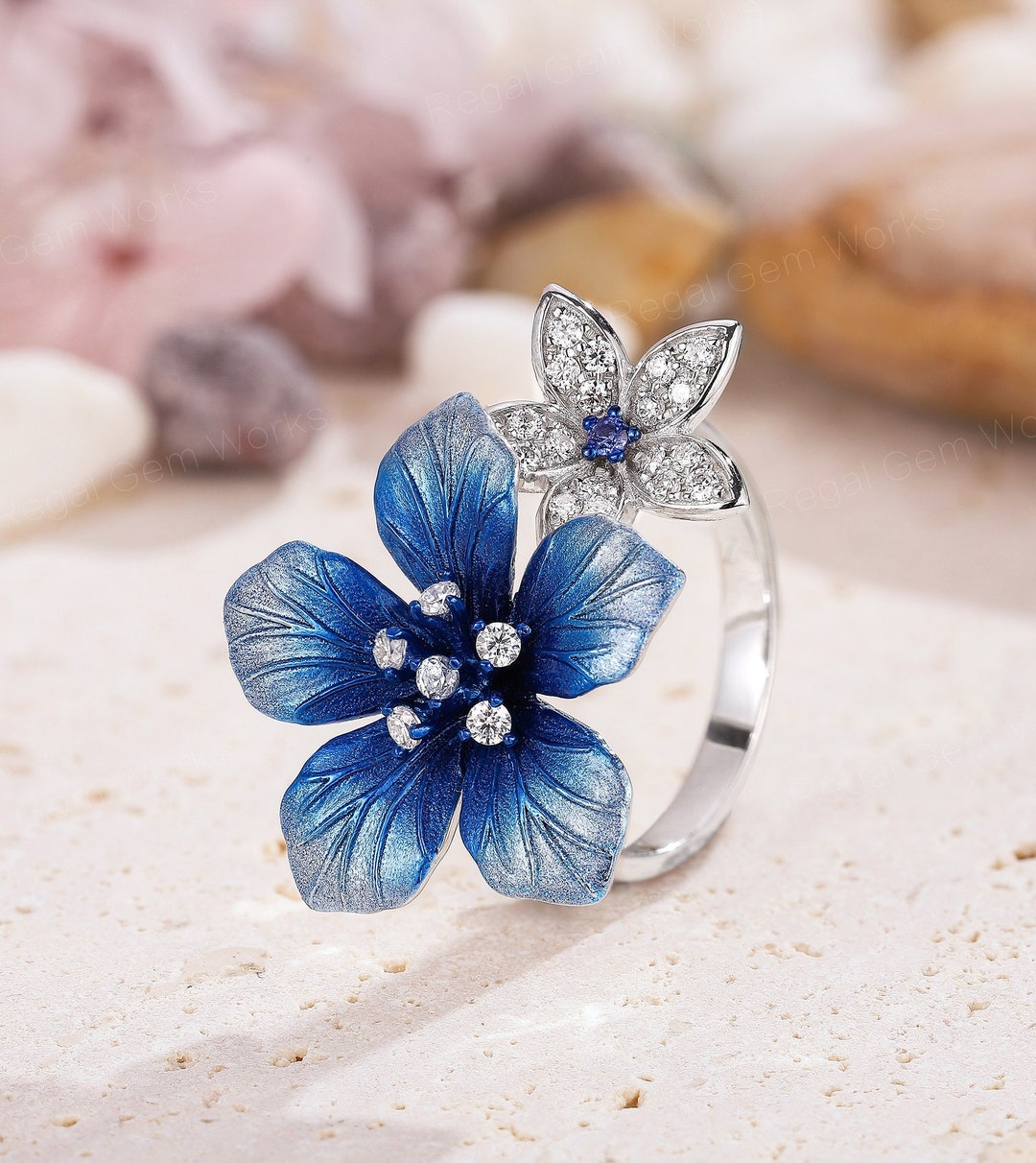Handmade Gradient Blue Gold Moissanite Ring Vintage Blue Flower Diamond ...
